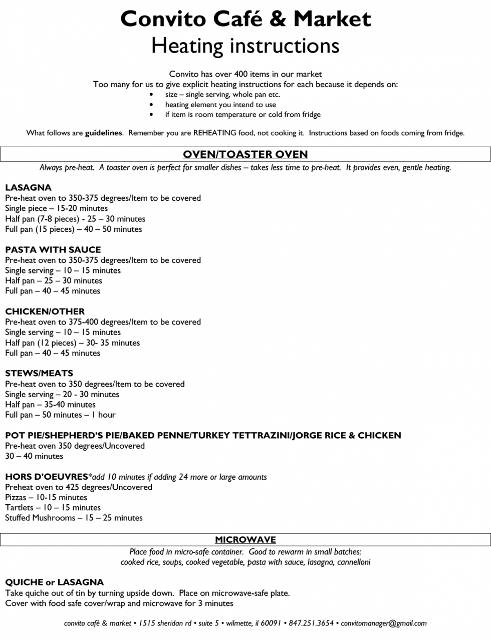 Heating Instructions | Convito Cafe & Market